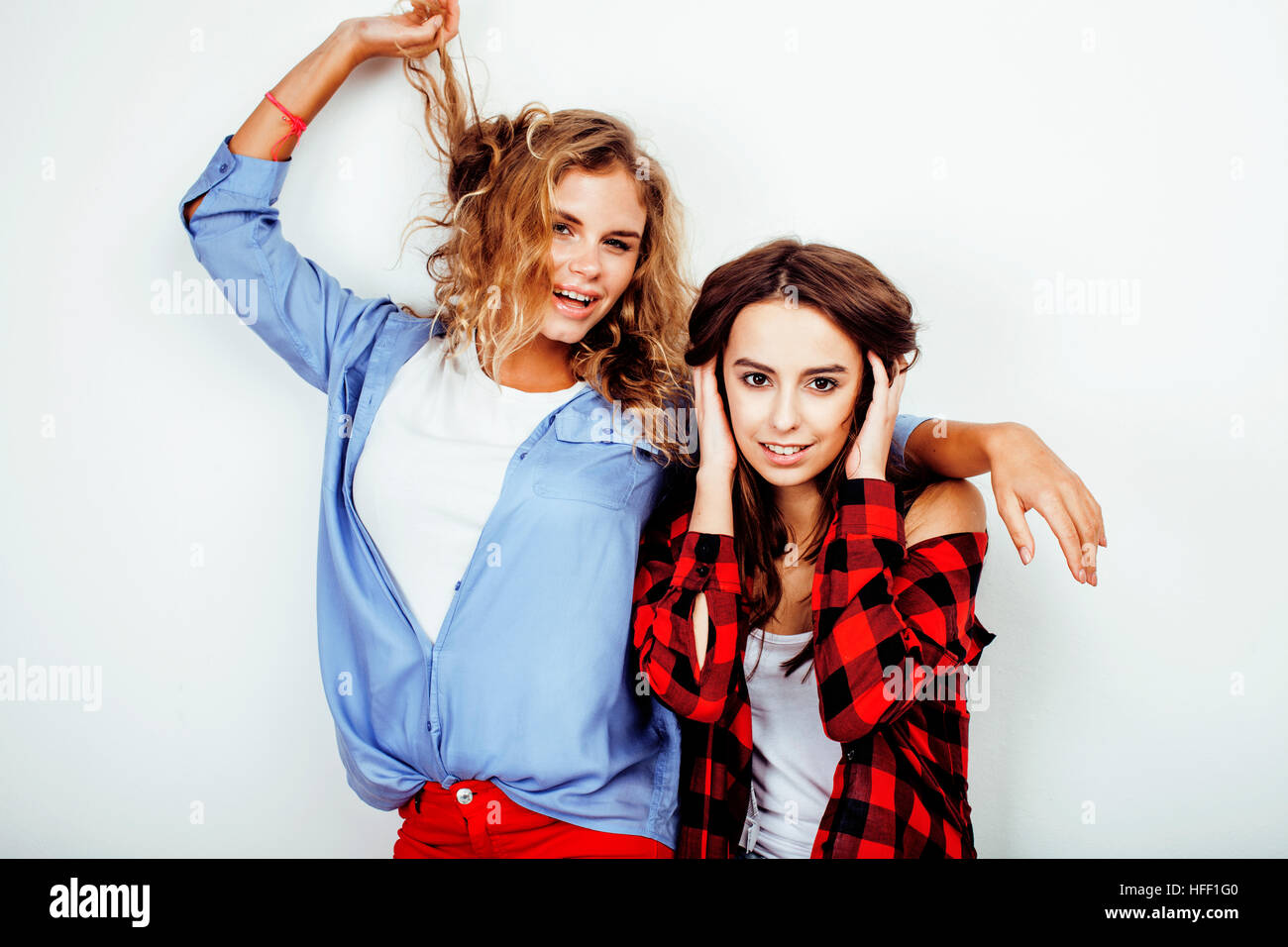 two best friends teenage girls together having fun, posing emotional on ...