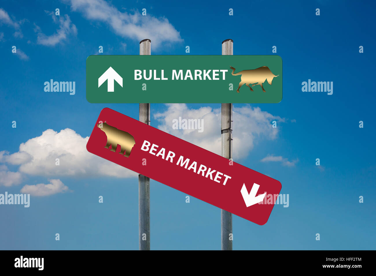 two road signs in a financial concepts background Stock Photo - Alamy