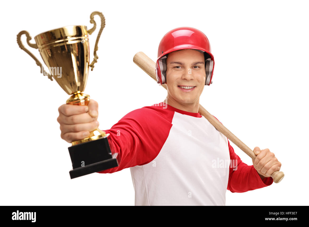 Happy baseball player holding a bat and a gold trophy isolated on white ...