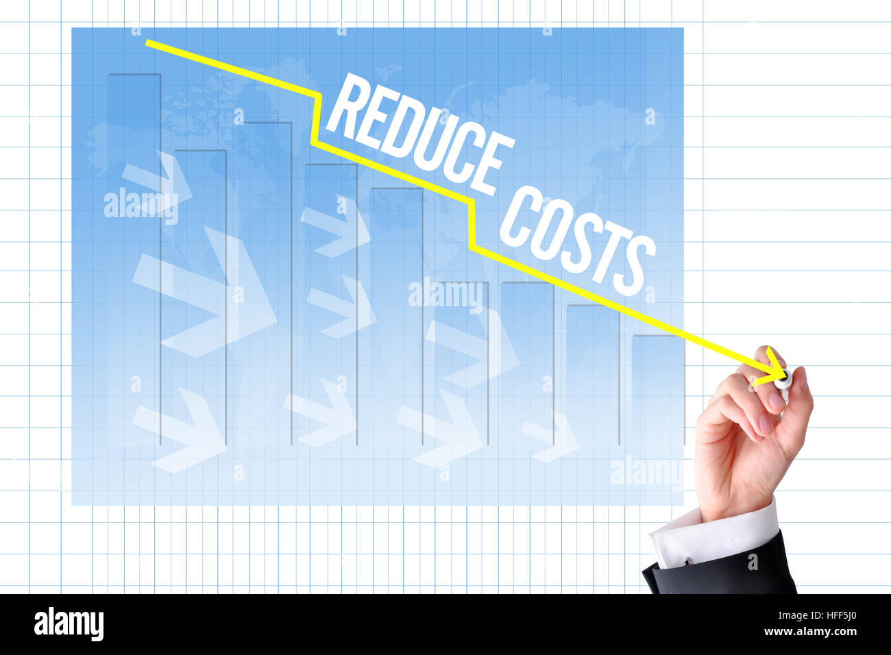 Reduce costs concept with businessman hand draw a graph Stock Photo - Alamy
