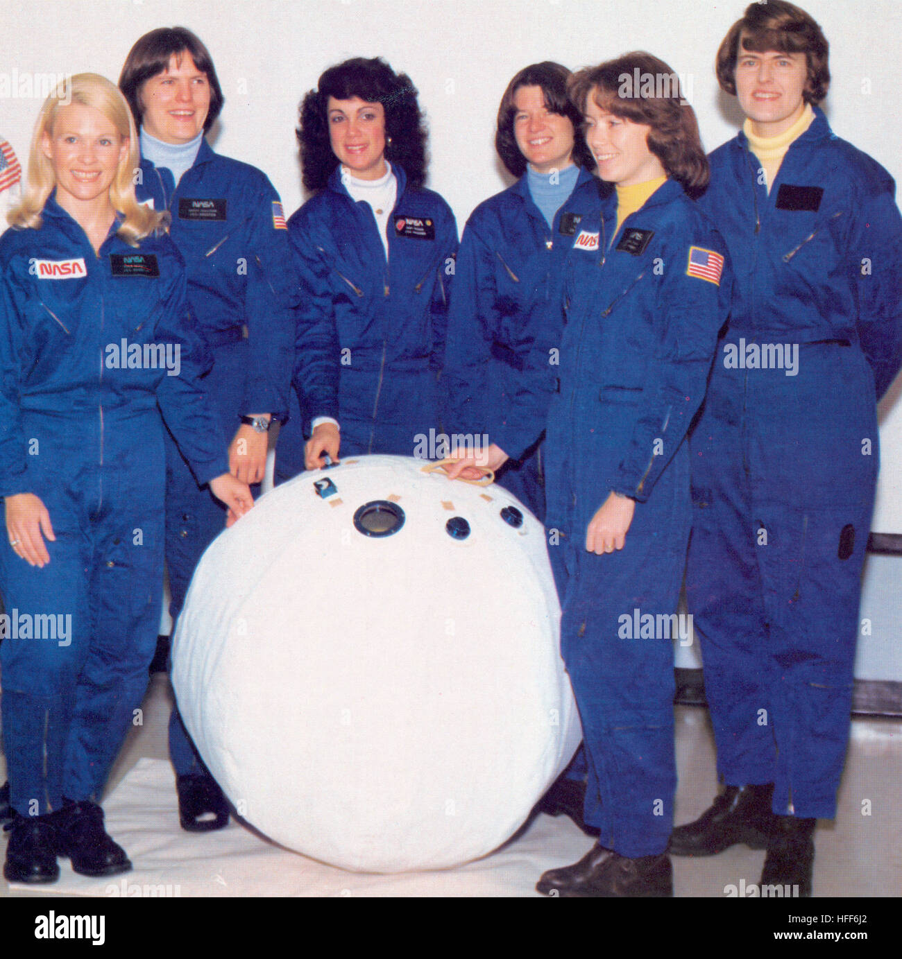 The first six women astronauts of NASA pose with the 'rescue ball' used ...