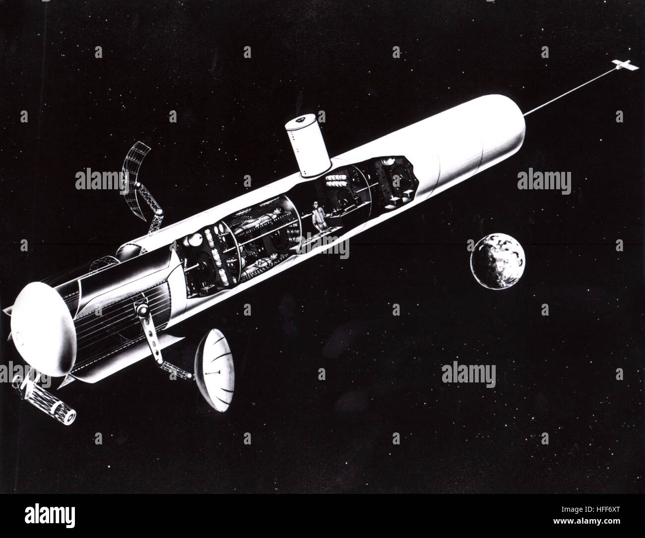 An early conceptual design for a space station is shown, outlining the ...