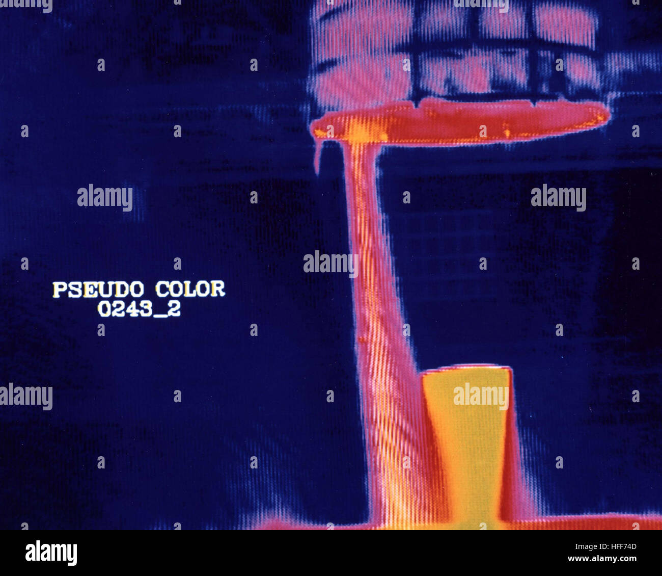A thermal image taken during testing of the Space Shuttle’s main engine ...