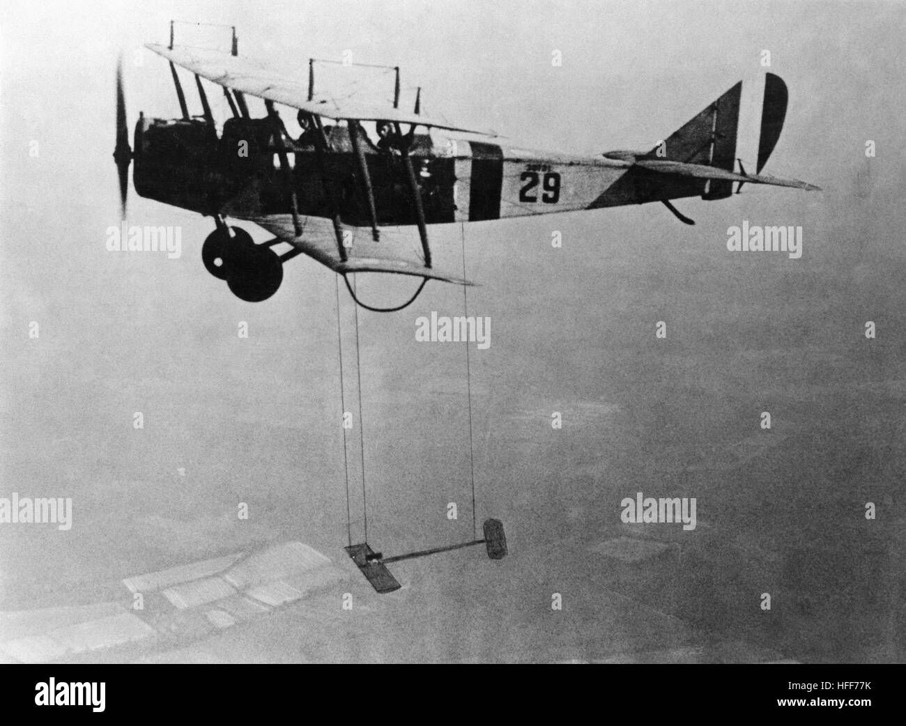 The Curtiss JN-4 Jenny aircraft, an early biplane, is displayed with a ...