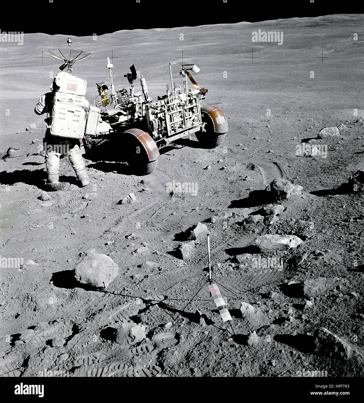 Astronaut Charles Duke stands on the lunar surface at the Descartes ...