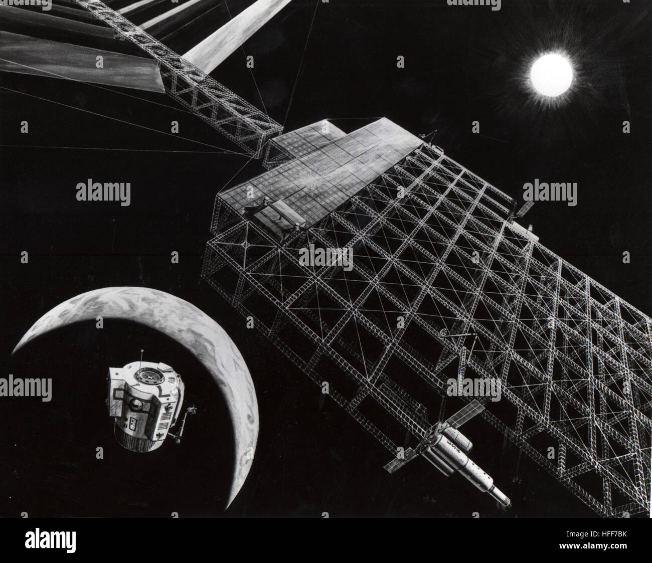A conceptual image from 1976 of NASA's solar power satellite, designed ...
