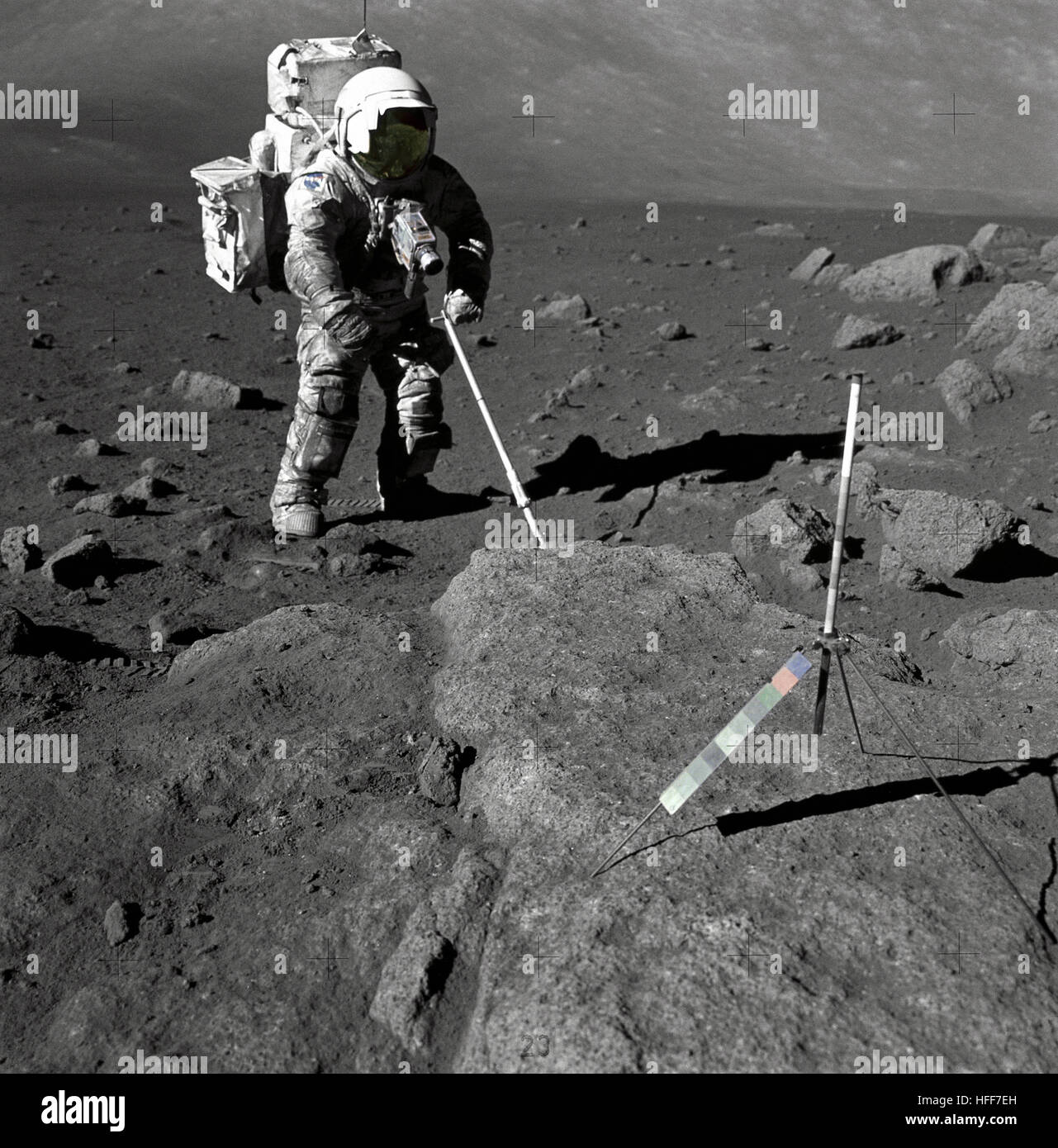 Apollo 17 astronaut Harrison Schmitt is seen covered in lunar dirt ...