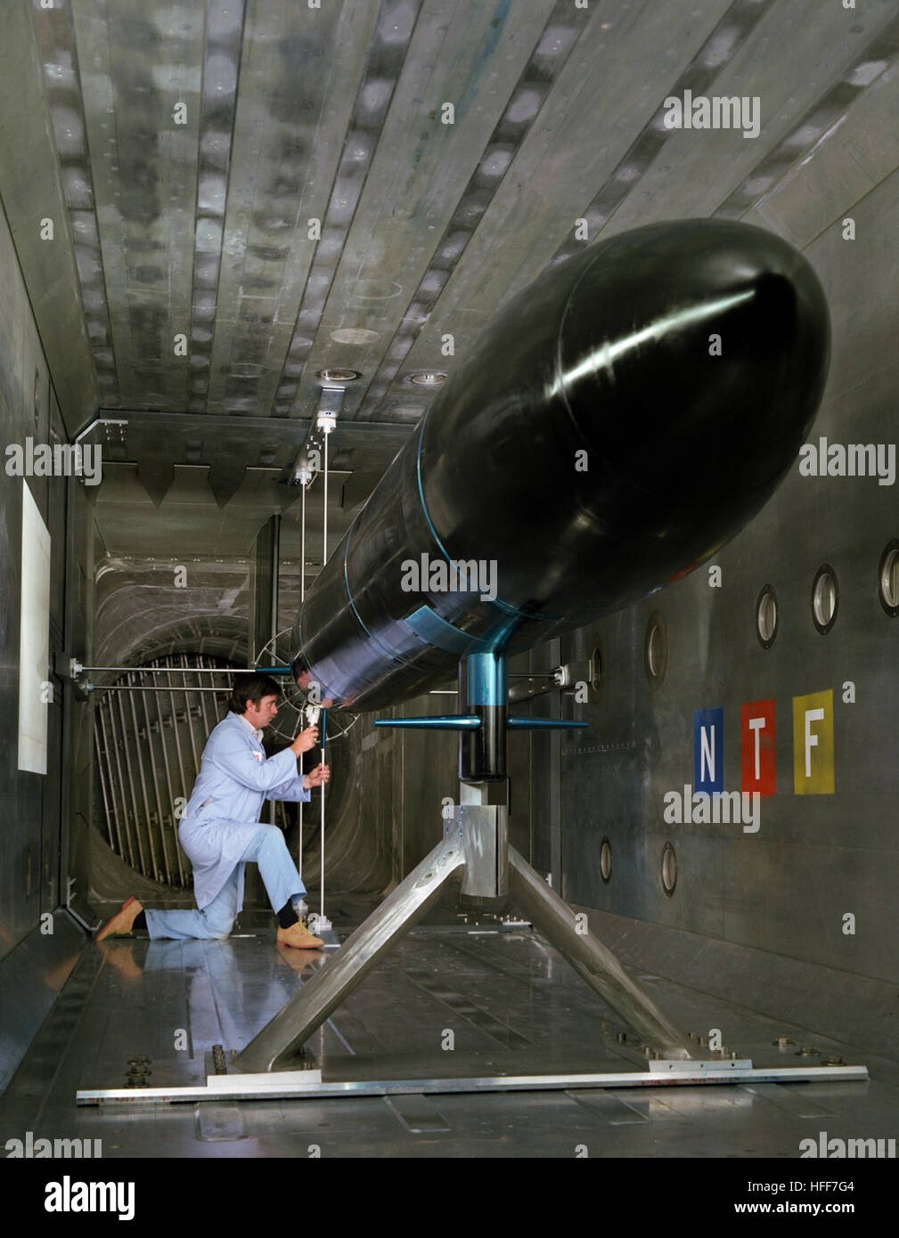 A model of a submarine is tested in the National Transonic Facility ...