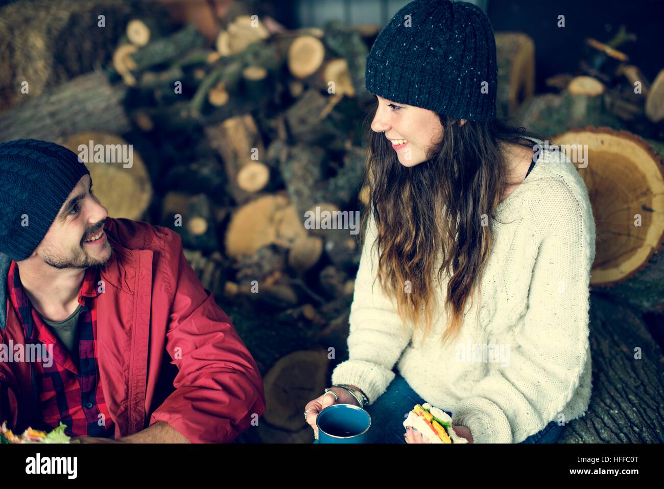 People Friendship Camping Sawmill Relaxation Togetherness Concept Stock ...