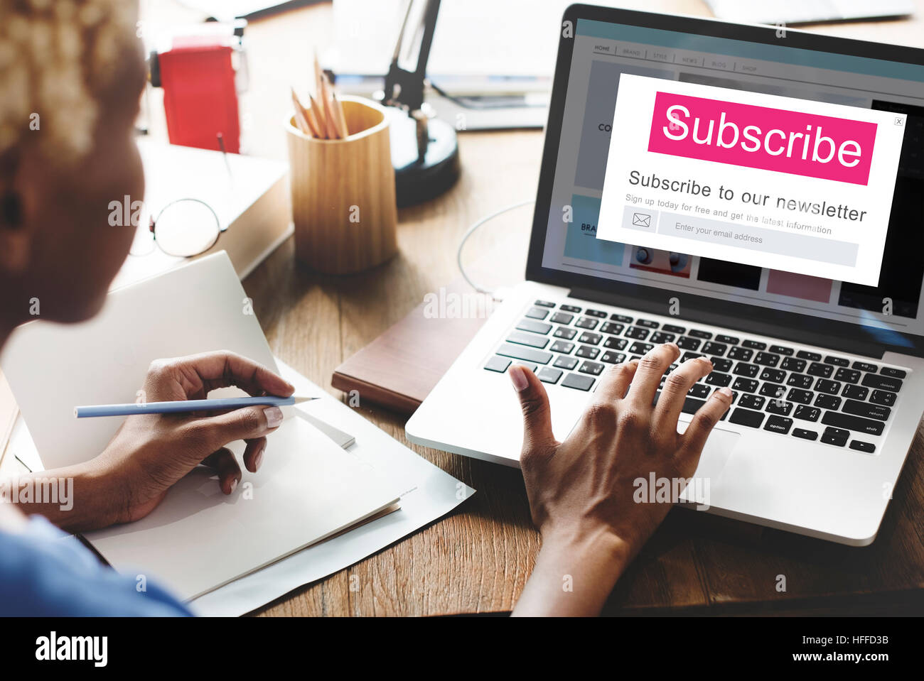 Subscribe Member Register Social Advertising Concept Stock Photo - Alamy