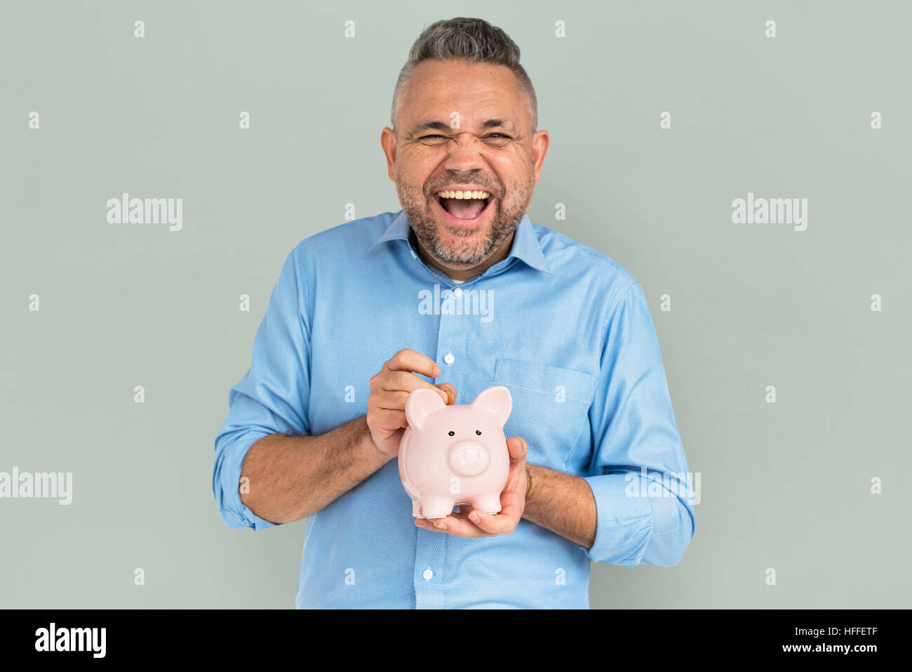 Man Smiling Happiness Piggy Bank Saving Portrait Concept Stock Photo ...