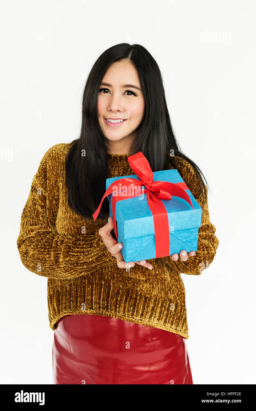 Women Asian Hold Present Gift Celebration Concept Stock Photo - Alamy