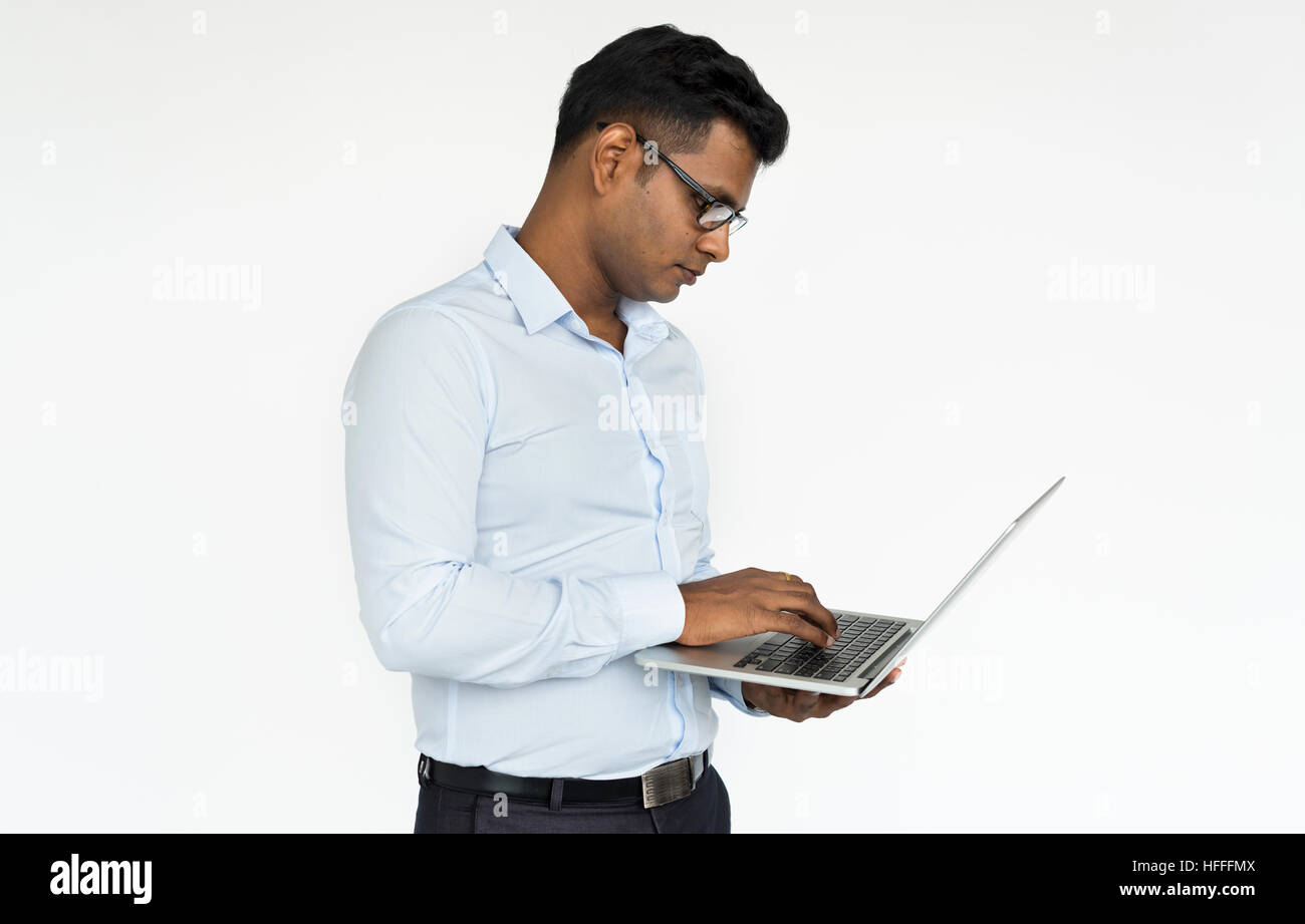 Male Standing Using Laptop Concept Stock Photo - Alamy