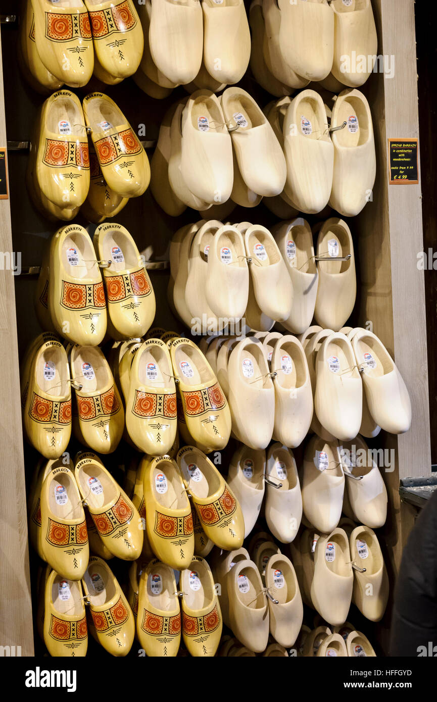 Decorative and plain wooden clogs on display in a shop in Amsterdam ...