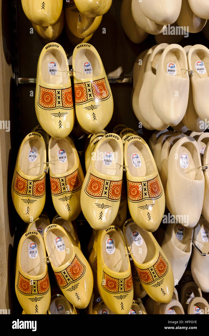 Decorative and plain wooden clogs on display in a shop in Amsterdam ...