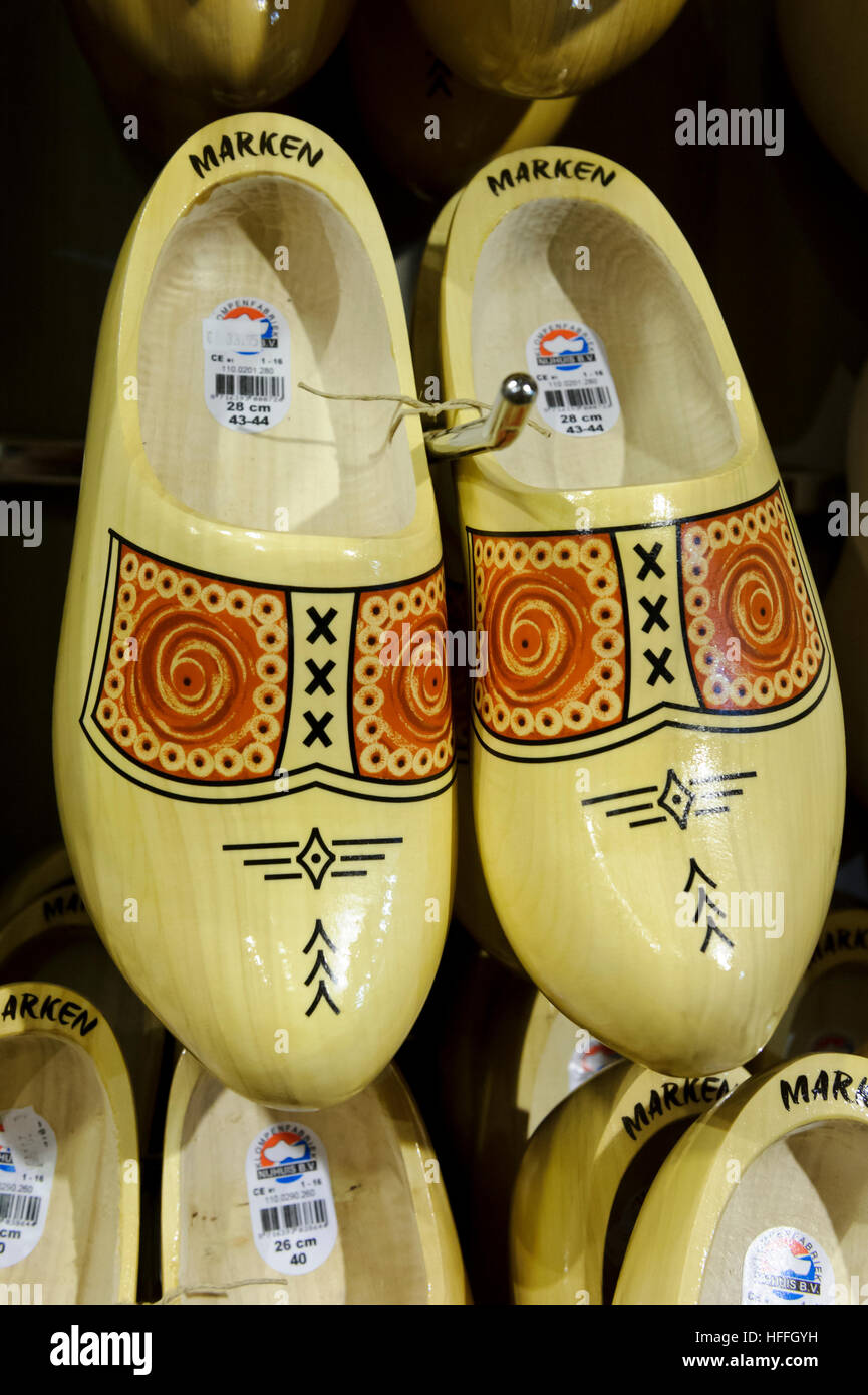 A pair of decorative wooden clogs on display in a shop in Amsterdam ...