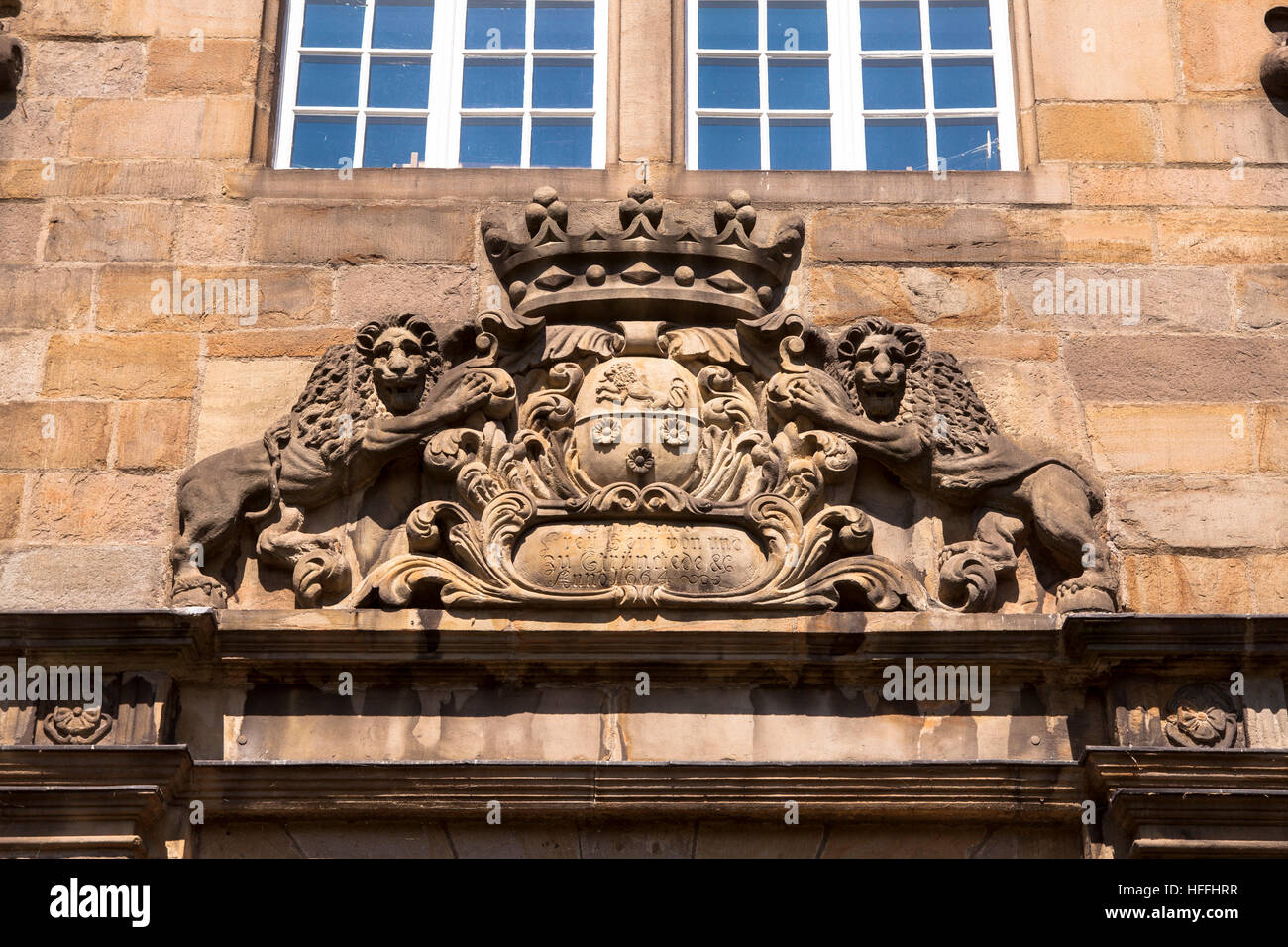 Germany, Herne, coat of arms over the round arch portal at moated castle Struenkede Stock Photo ...