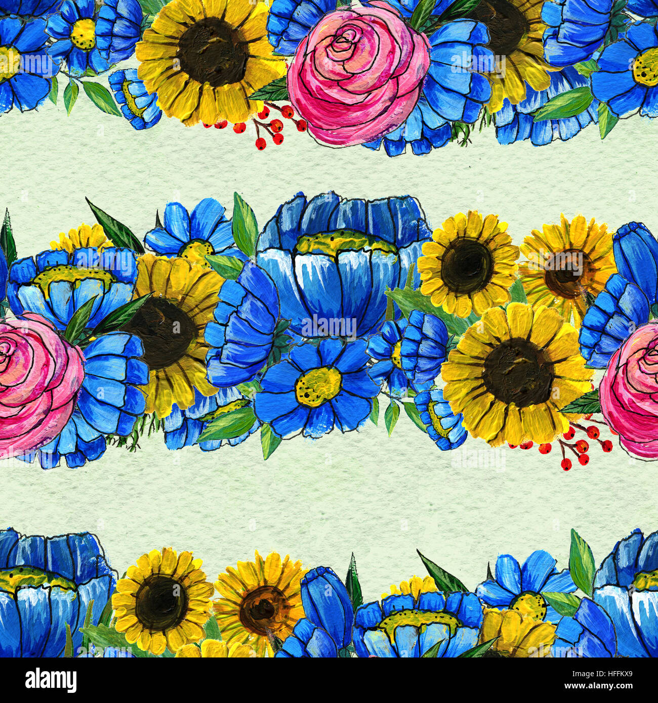 Seamless pattern with blue yellow and pink flowers Stock Photo - Alamy
