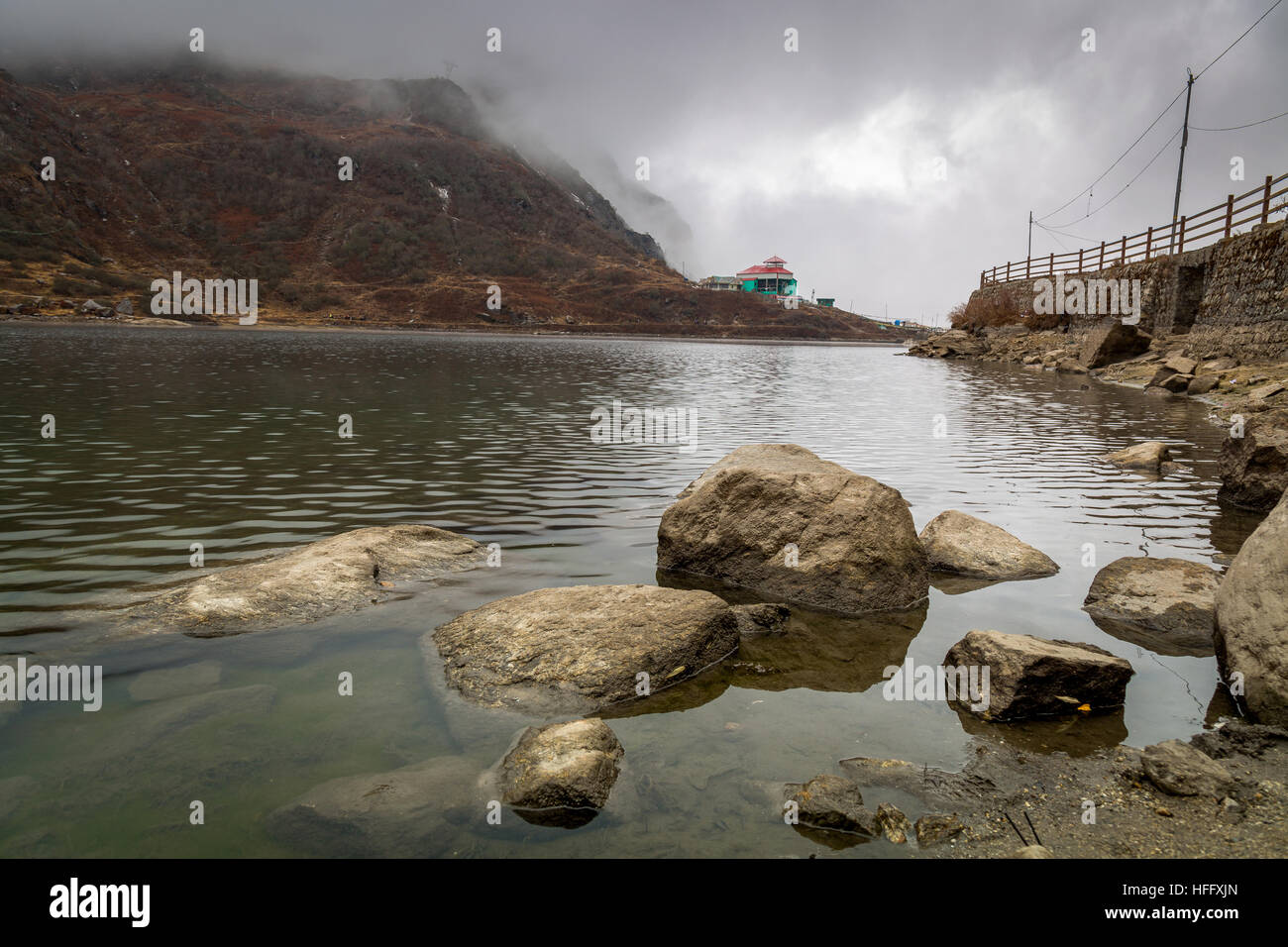 Lake Tsomgo (Changu) surrounded by barren mountains in East Sikkim ...