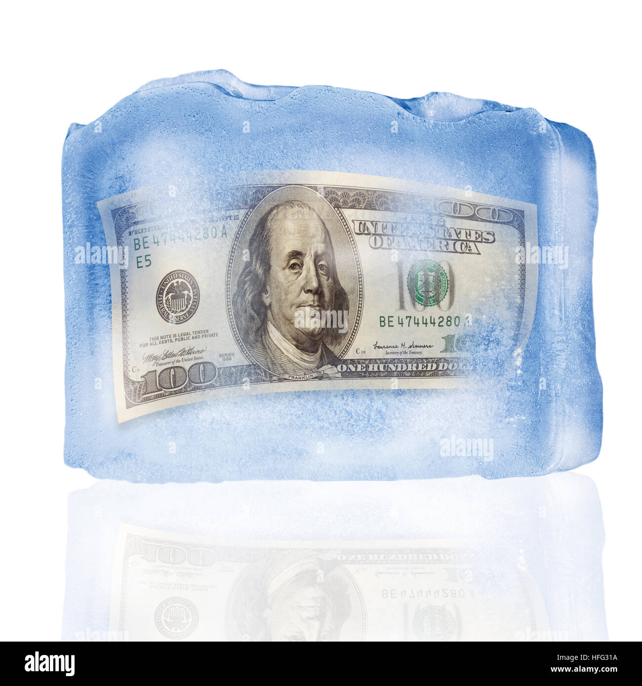 US one hundred dollar bill frozen in a block of ice Stock Photo - Alamy