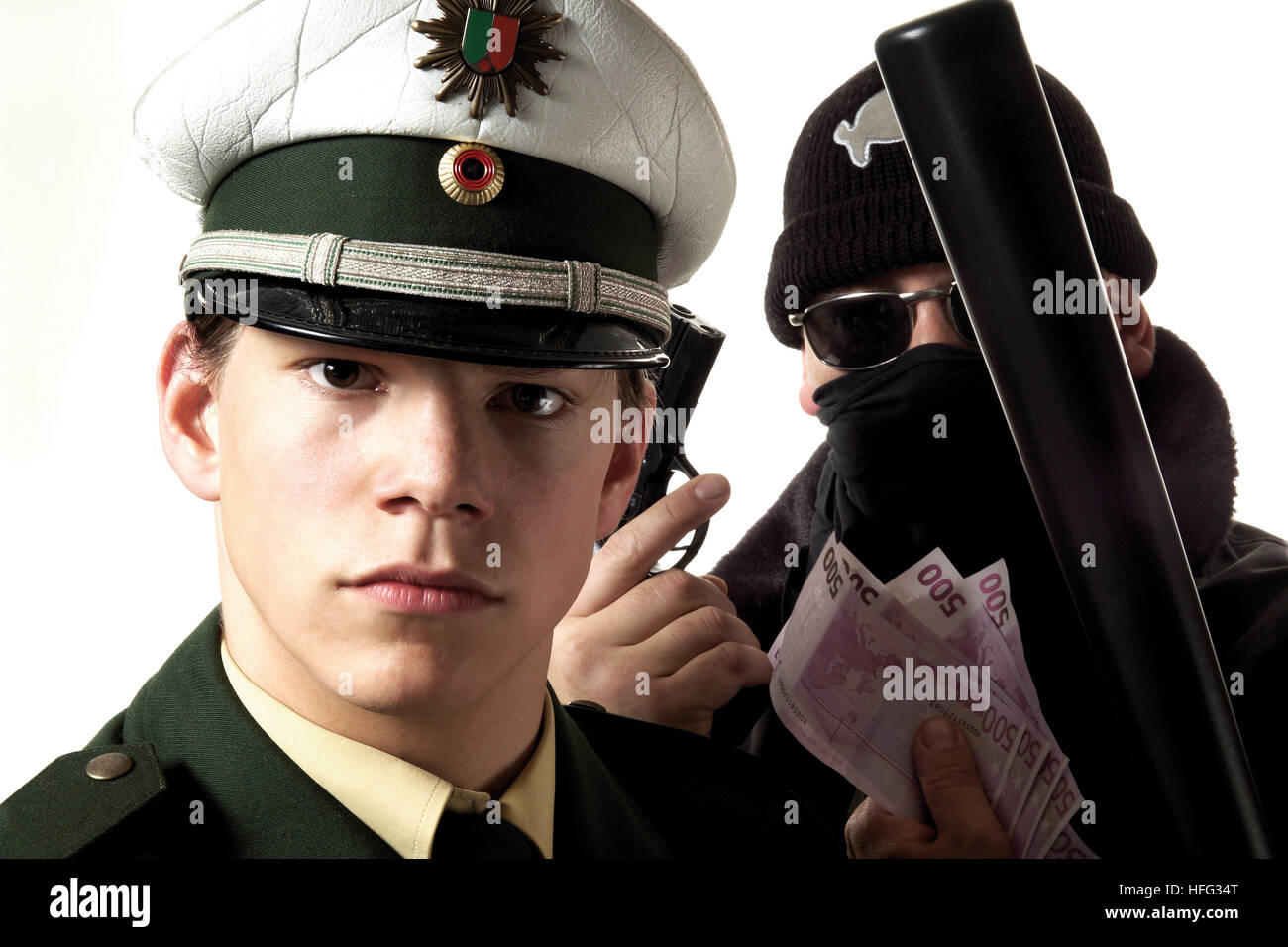 Man wearing disguise threatening a young police officer Stock Photo - Alamy