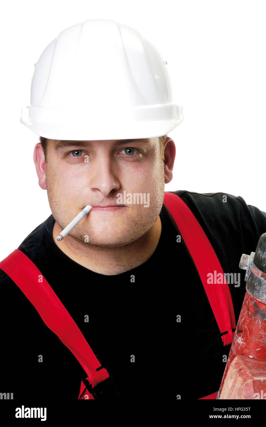Construction worker wearing a white hardhat smoking a cigarette Stock ...