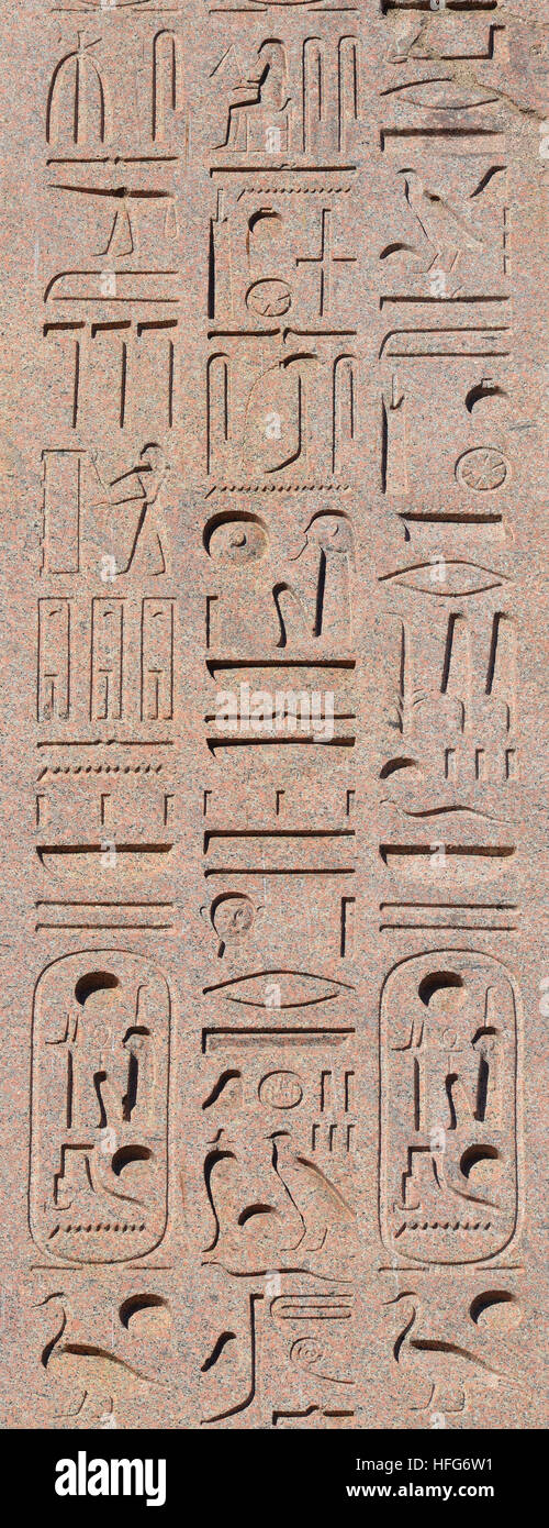 Hieroglyph script on ancient egyptian obelisk erected in the center of ...
