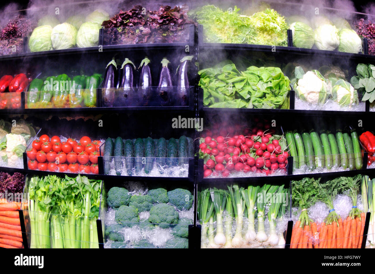 Vegetables with humidifier. Alimentaria, International Food and Drinks ...