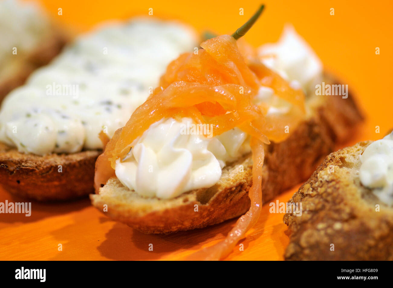 Cheese canapes at ´Barcelona Degusta´ food fair. Catalonia, Spain Stock ...