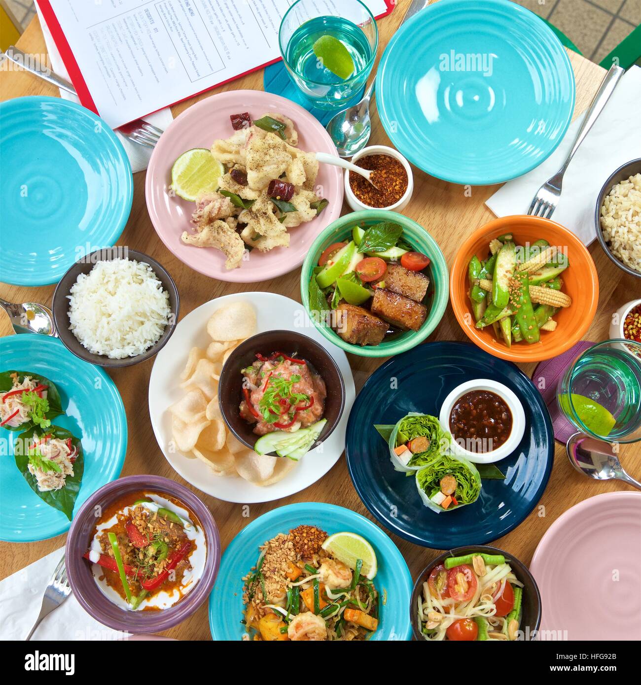 Thai food top above view colored plates dining lunch dinner Stock Photo ...