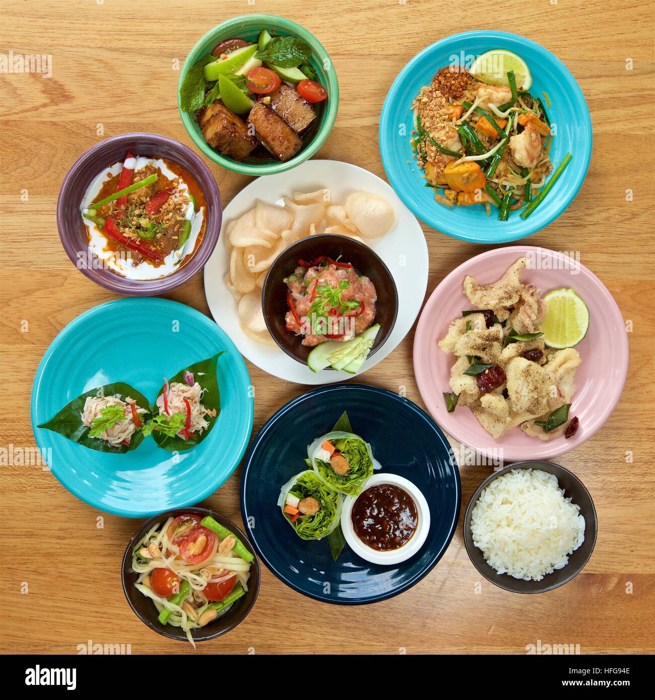 Thai food top above view colored plates dining lunch dinner Stock Photo ...