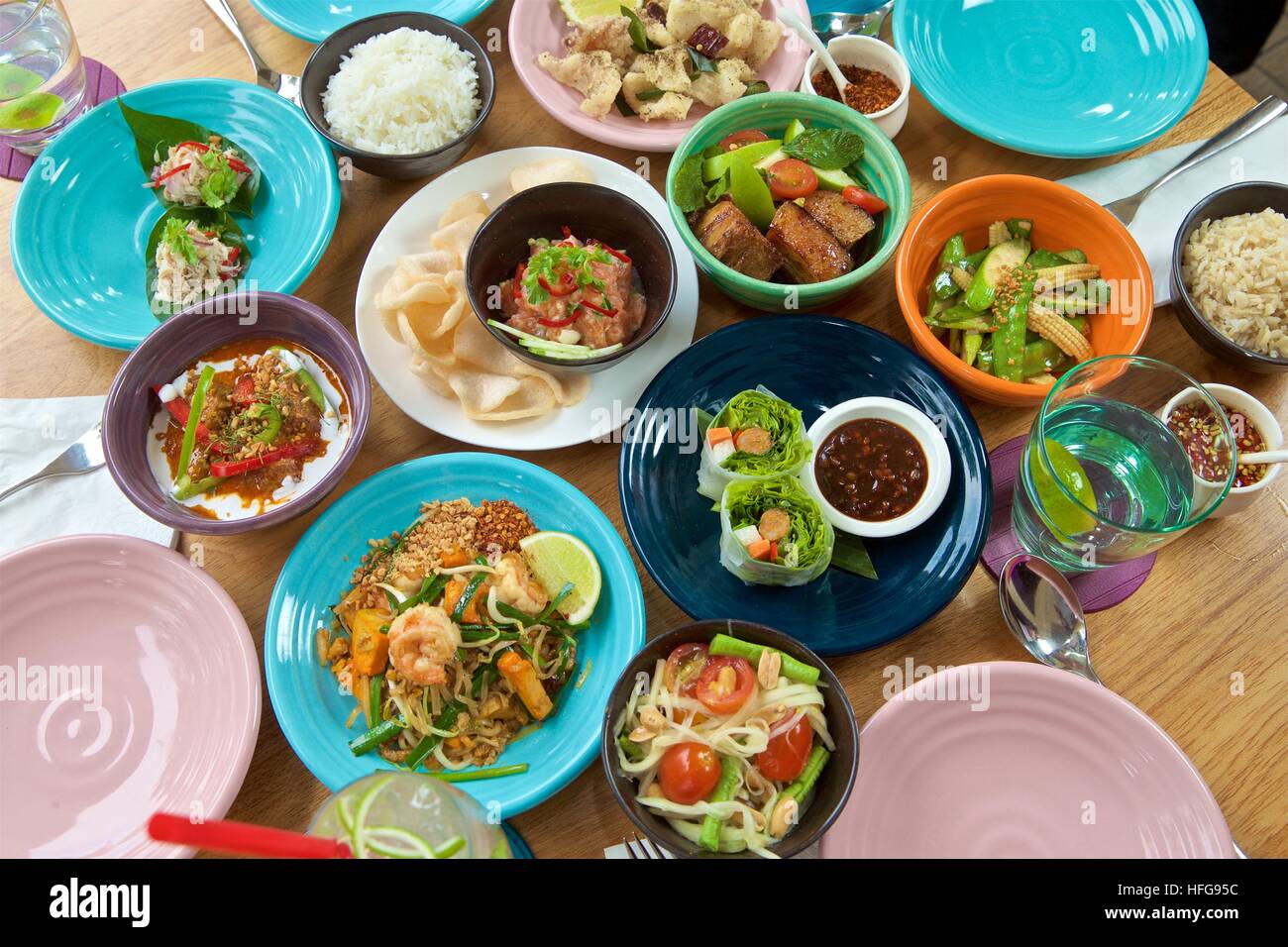 Thai food top above view colored plates dining lunch dinner Stock Photo ...