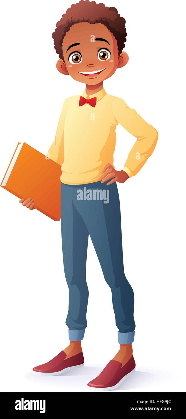 Cute and clever smiling young African ethnic school student boy holding ...