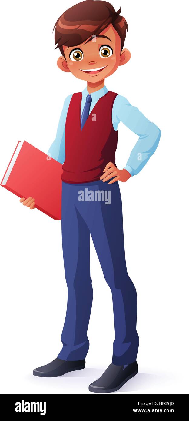 Cute and clever smiling young student boy in school uniform standing ...