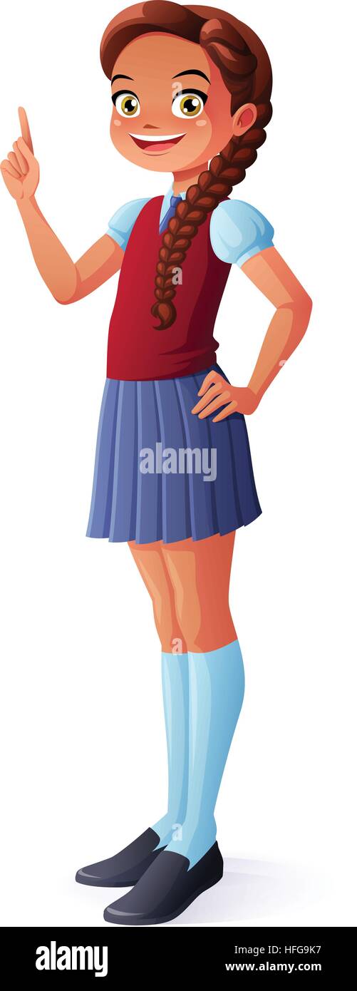 Cute pretty smiling young school student girl got the idea and index ...
