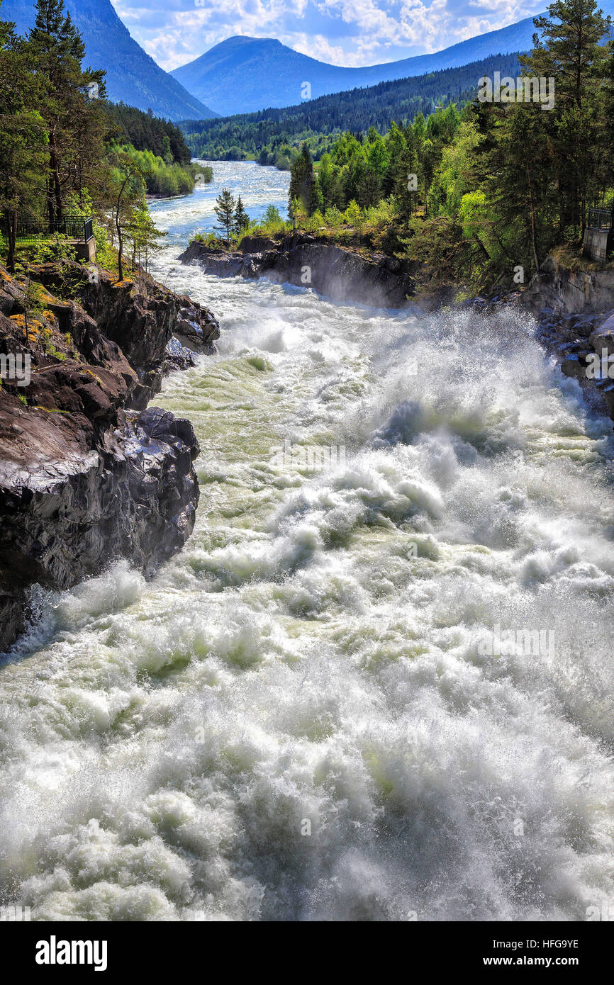 Water rushing through a ravine in the Otta Valley, Oppland, Norway ...