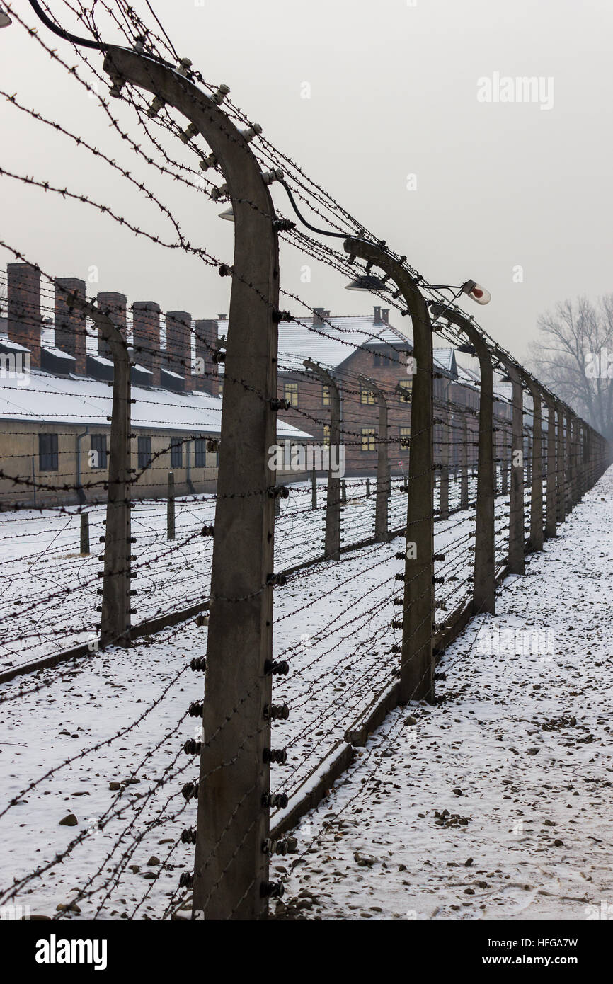 Twin barbed wire fences around the perimerter of Auschwitz I were ...