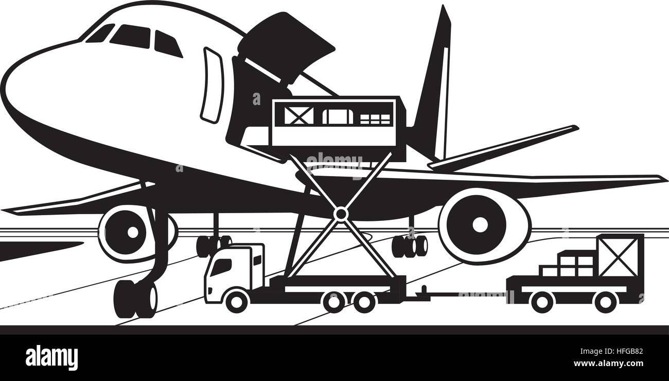 Crane truck loading cargo airplane - vector illustration Stock Vector ...