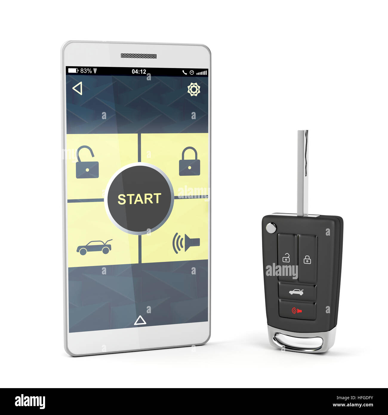 Smartphone with car control app and car key on white background Stock ...