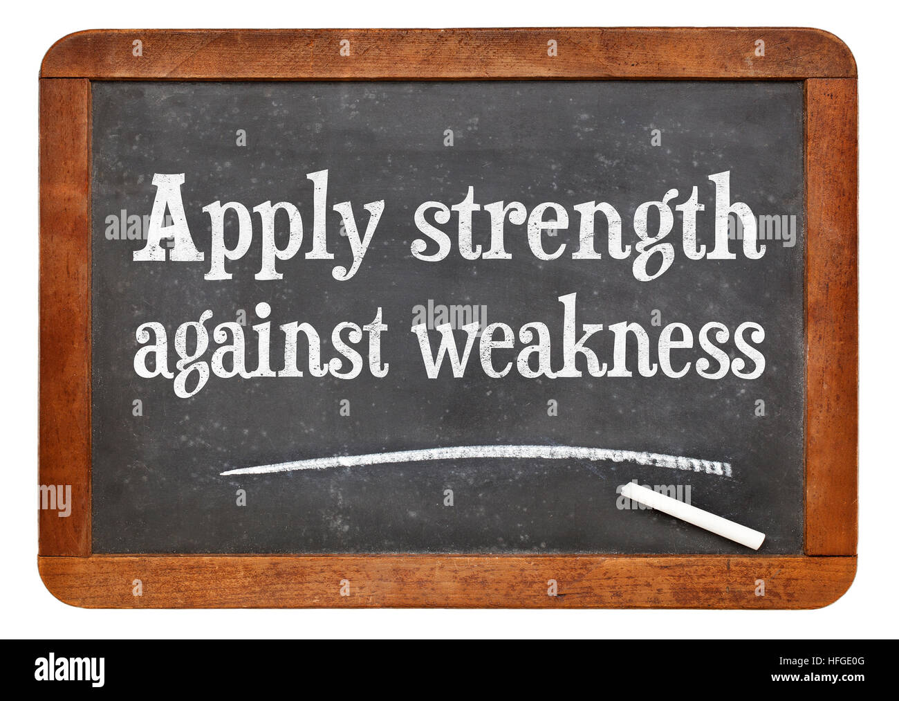 Apply strength against weakness - white chalk text on a vintage slate ...
