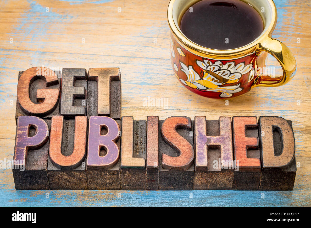 get published banner - text in vintage letterpress wood type blocks ...