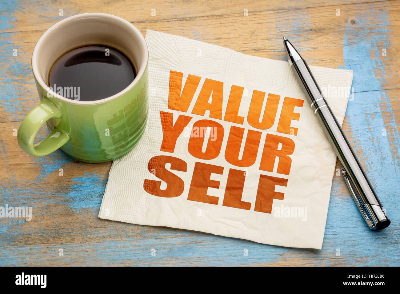 Value yourself word abstract on a napkin with a cup of espresso coffee ...