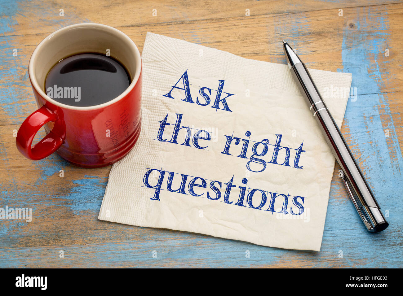 Ask the right questions - handwriting on a napkin with a cup of ...