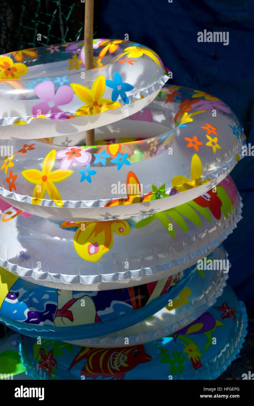 Inflatable toys sold at Caleta Beach area and Pacific Ocean, Acapulco ...