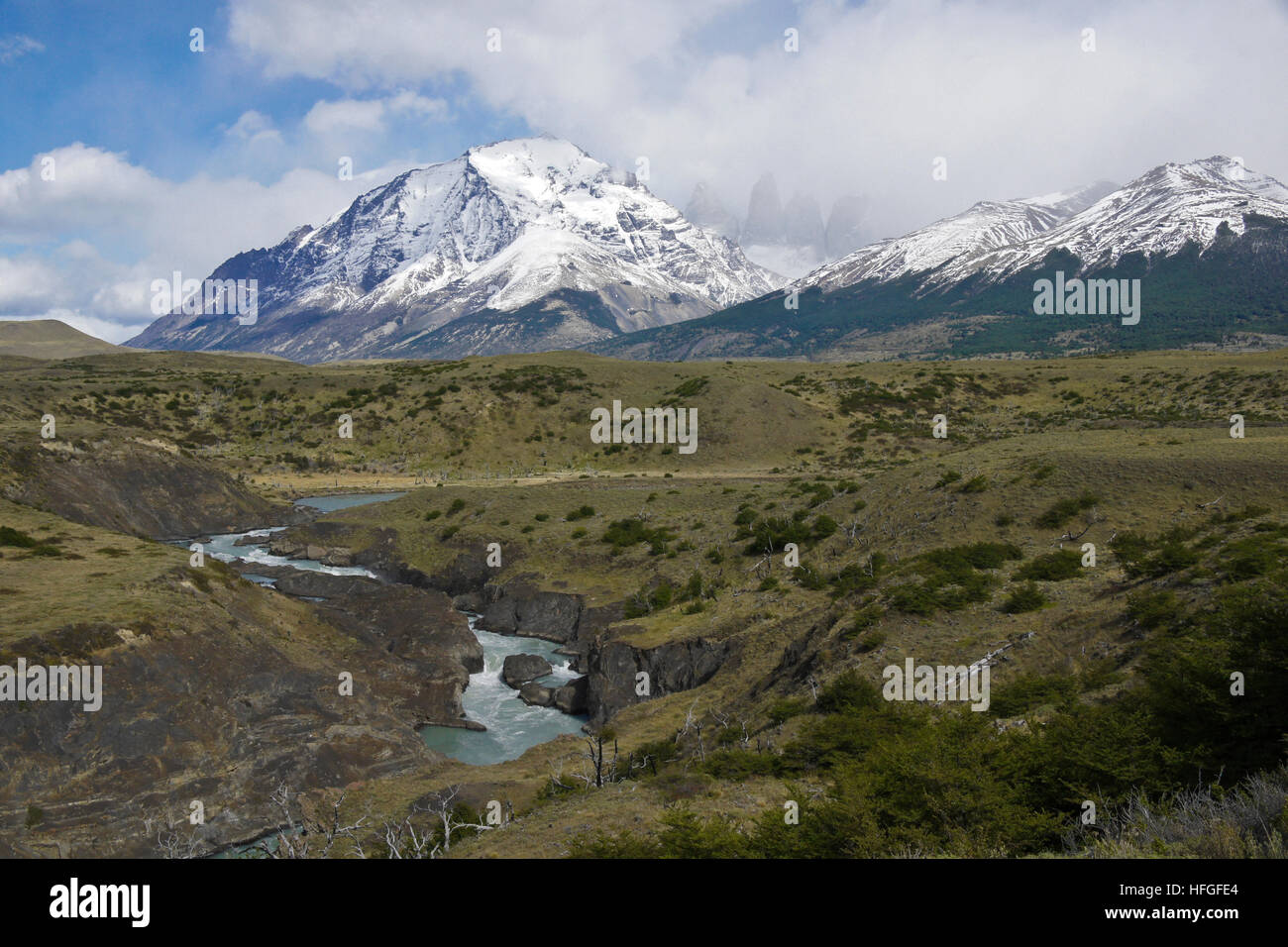 Paine River & Paine Massif, Torres del Paine NP, Patagonia, Chile Stock ...