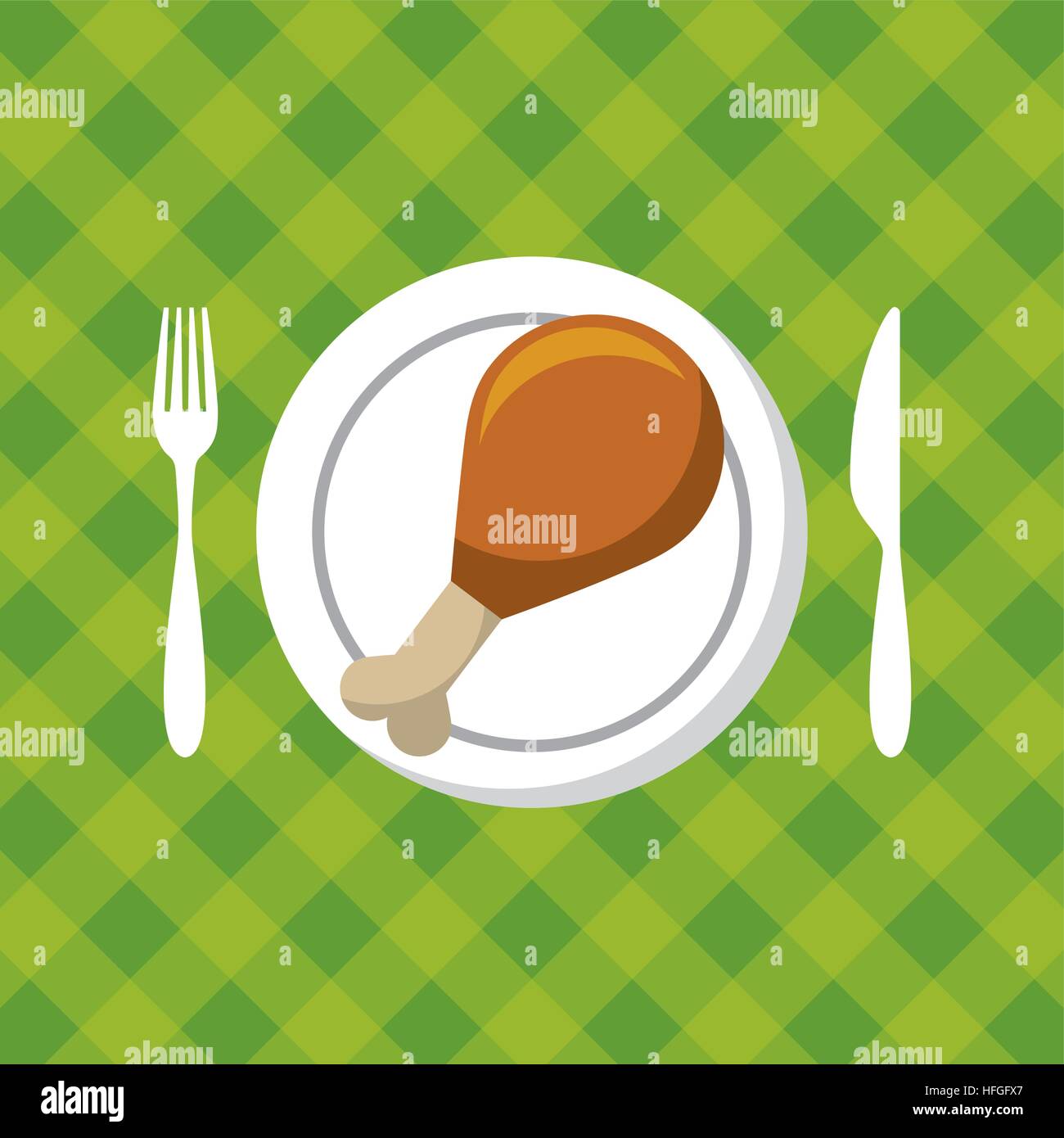 plate with leg of chicken over green background. colorful design ...