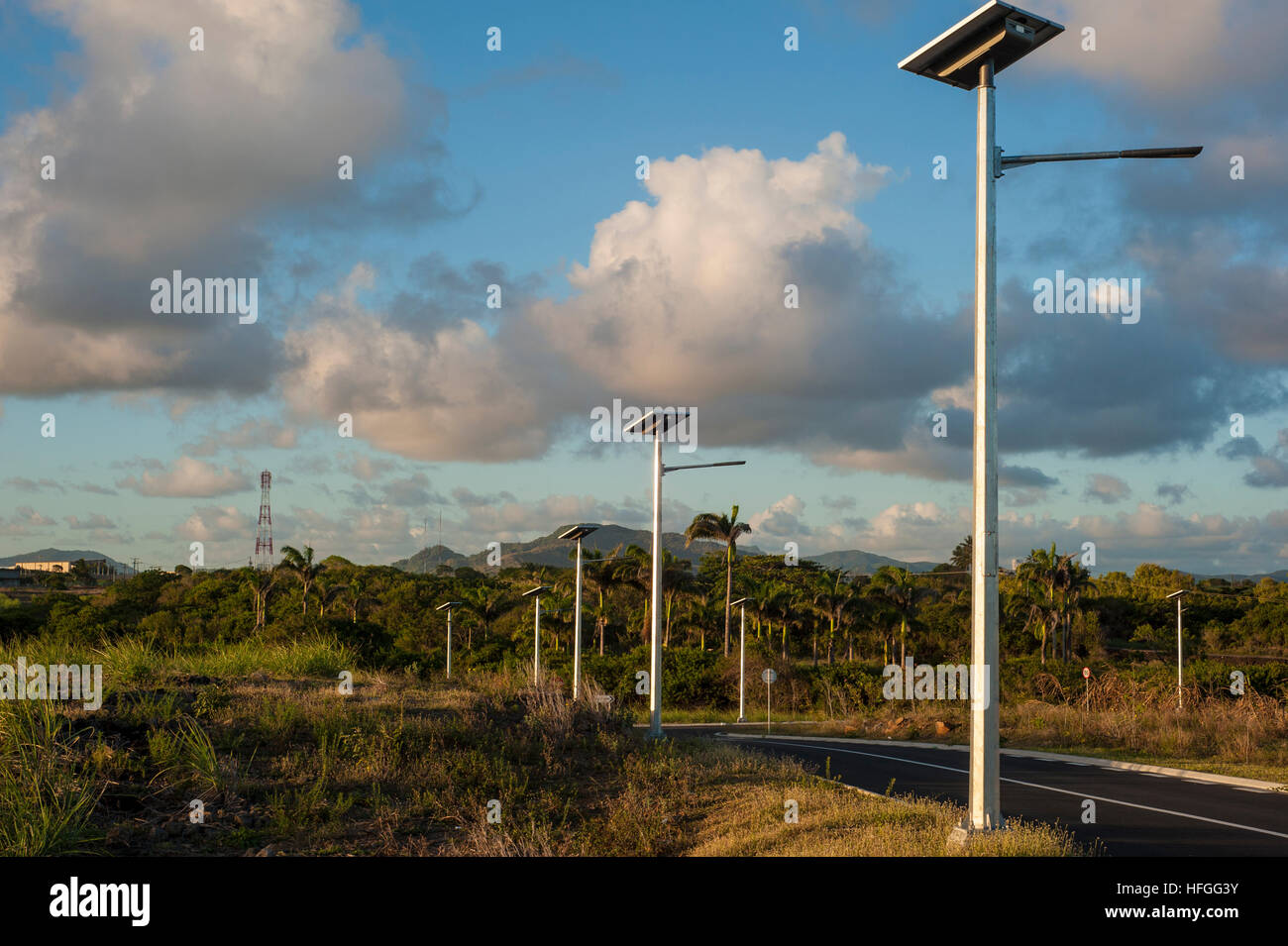Solar powered post lights near the La Combuse Public Beach, Mauritius ...