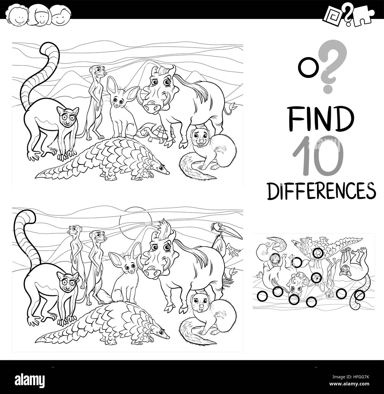 Black and White Cartoon Illustration of Finding Differences Educational Activity for Children ...