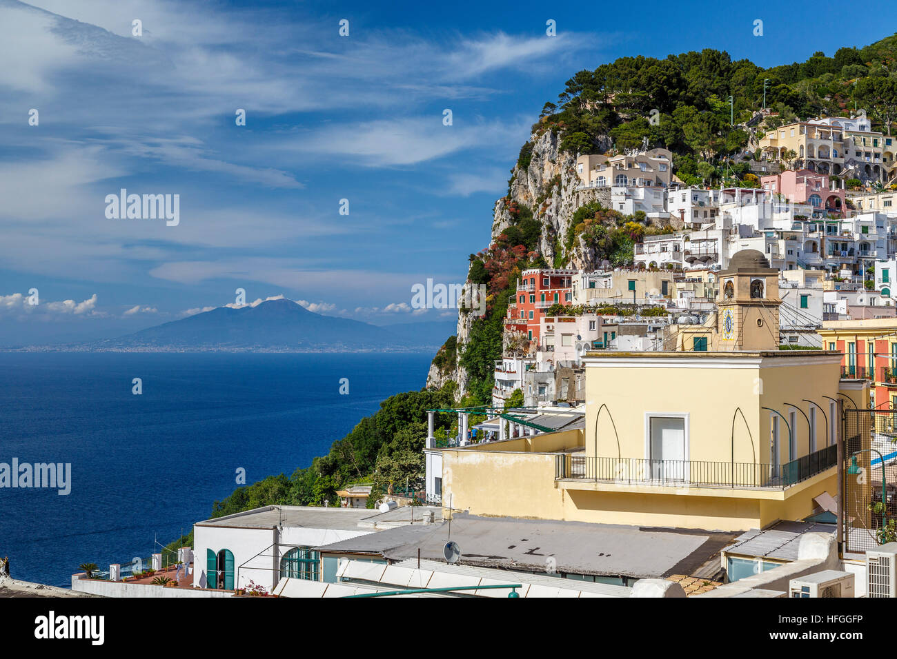 Buildings and architecture on Capri Island, Naples, Italy. Vesuvius on ...