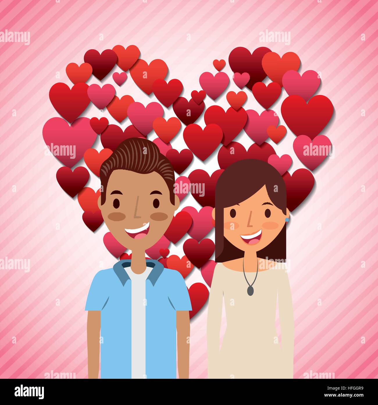 cartoon young couple in love with hearts icon. colorful design. vector ...